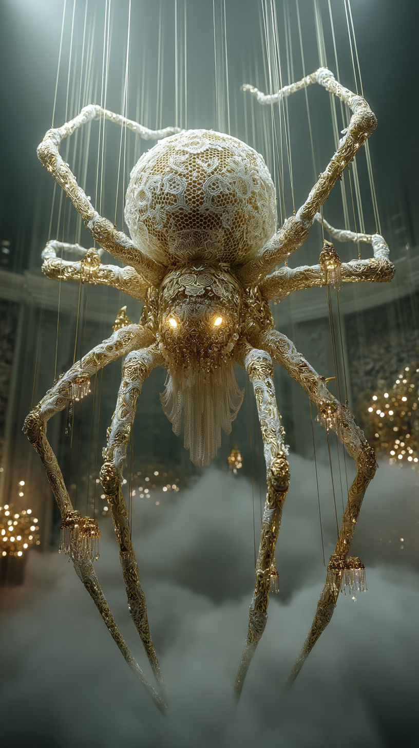A towering lace spider goddess hovers in glowing w... | AnimateImage.AI ...