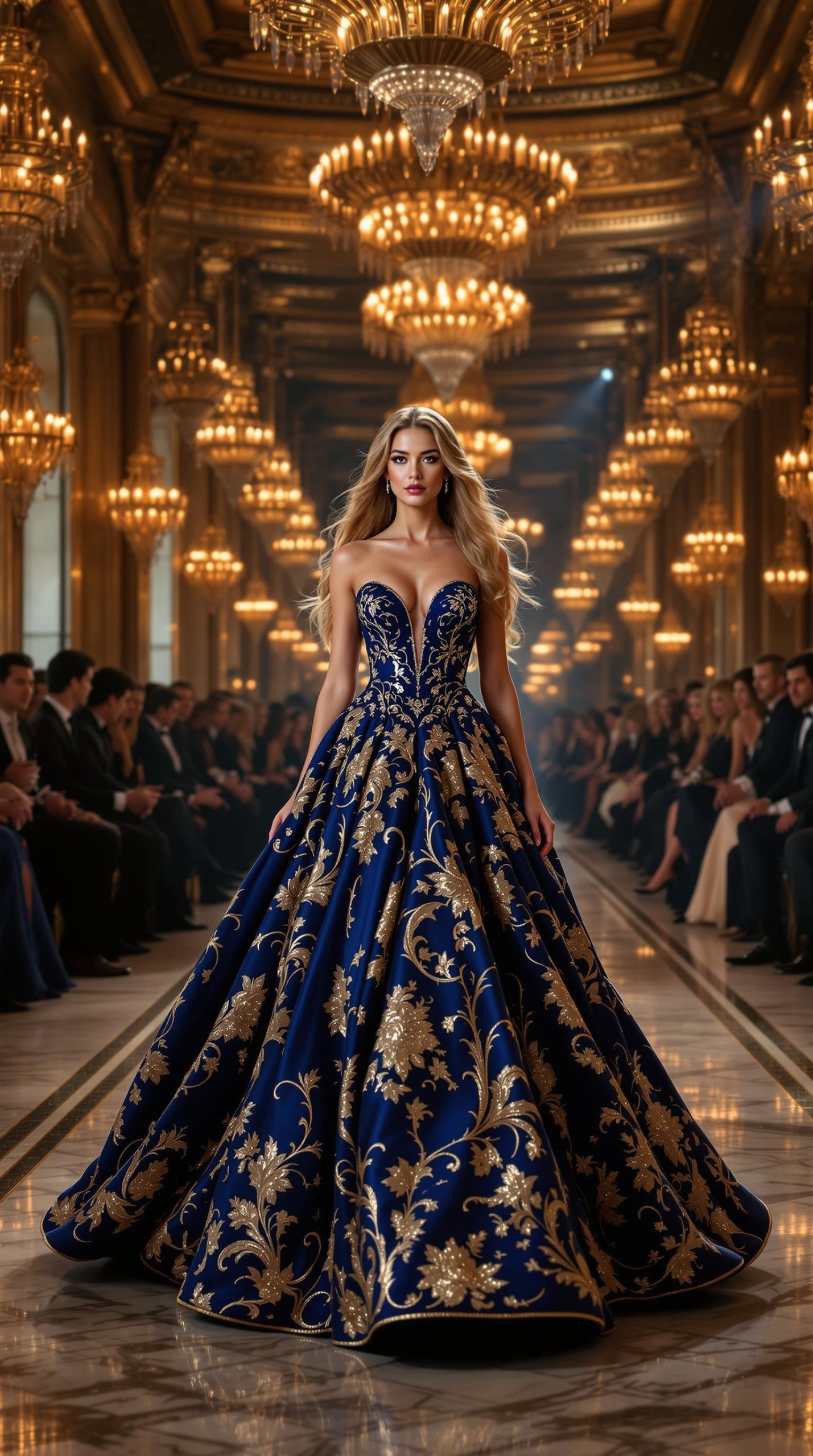 An elegant woman in a deep blue ball gown with gol... | AnimateImage.AI ...