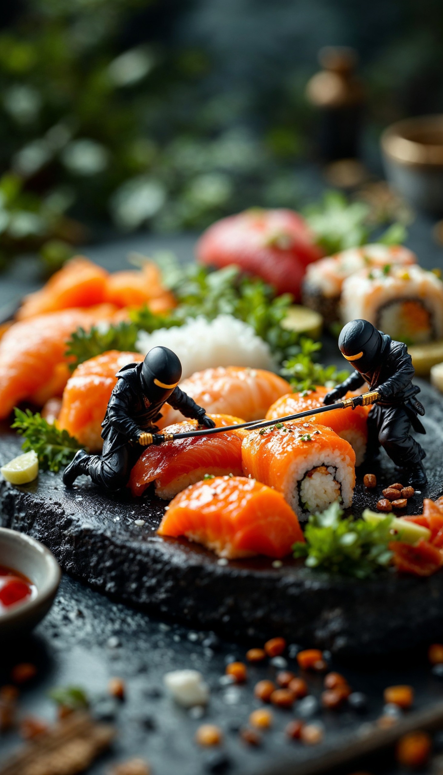 Food scene surreal: miniatures ninja figures cut w... | AnimateImage.AI ...