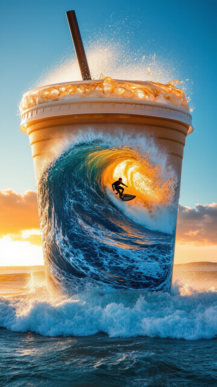 Inside a giant iced coffee cup, rough waves crash ... | AnimateImage.AI ...